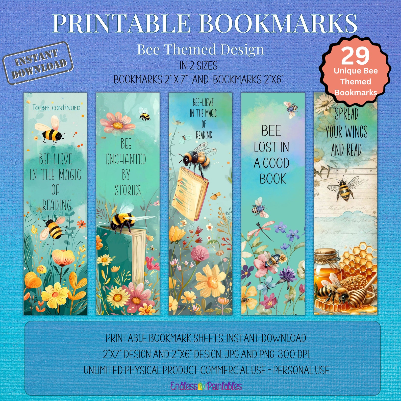 29 Printable Bookmarks, Bee Themed, Bookmark Bundle, PNG Bookmark ...
