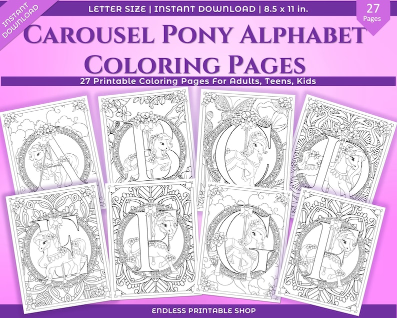 Carousel Pony Alphabet Coloring Pages - 27 Printable Sheets (PDF) - Etsy
