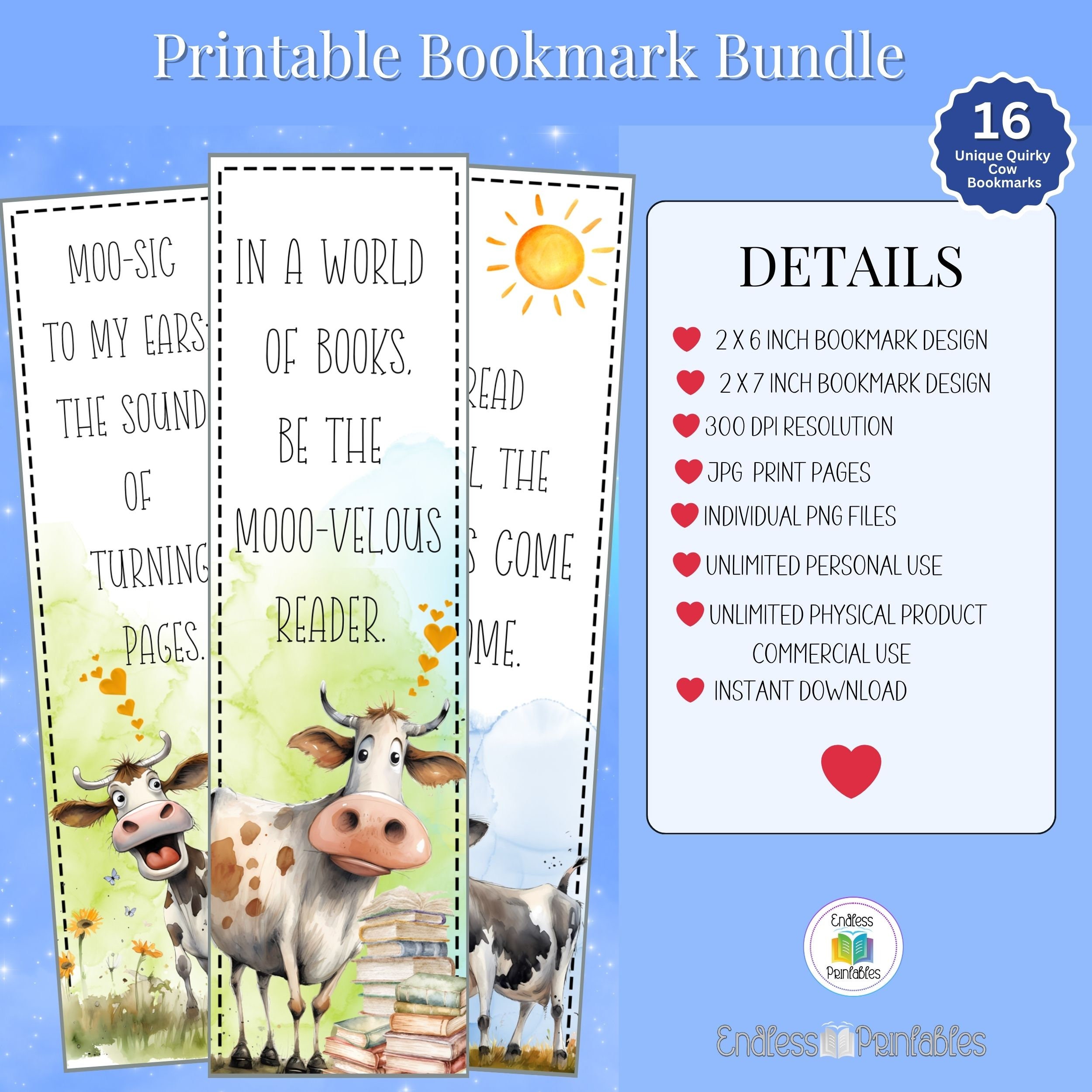Funny Cow Bookmarks - Printable Animal Quotes Set, Book Lover Gift ...