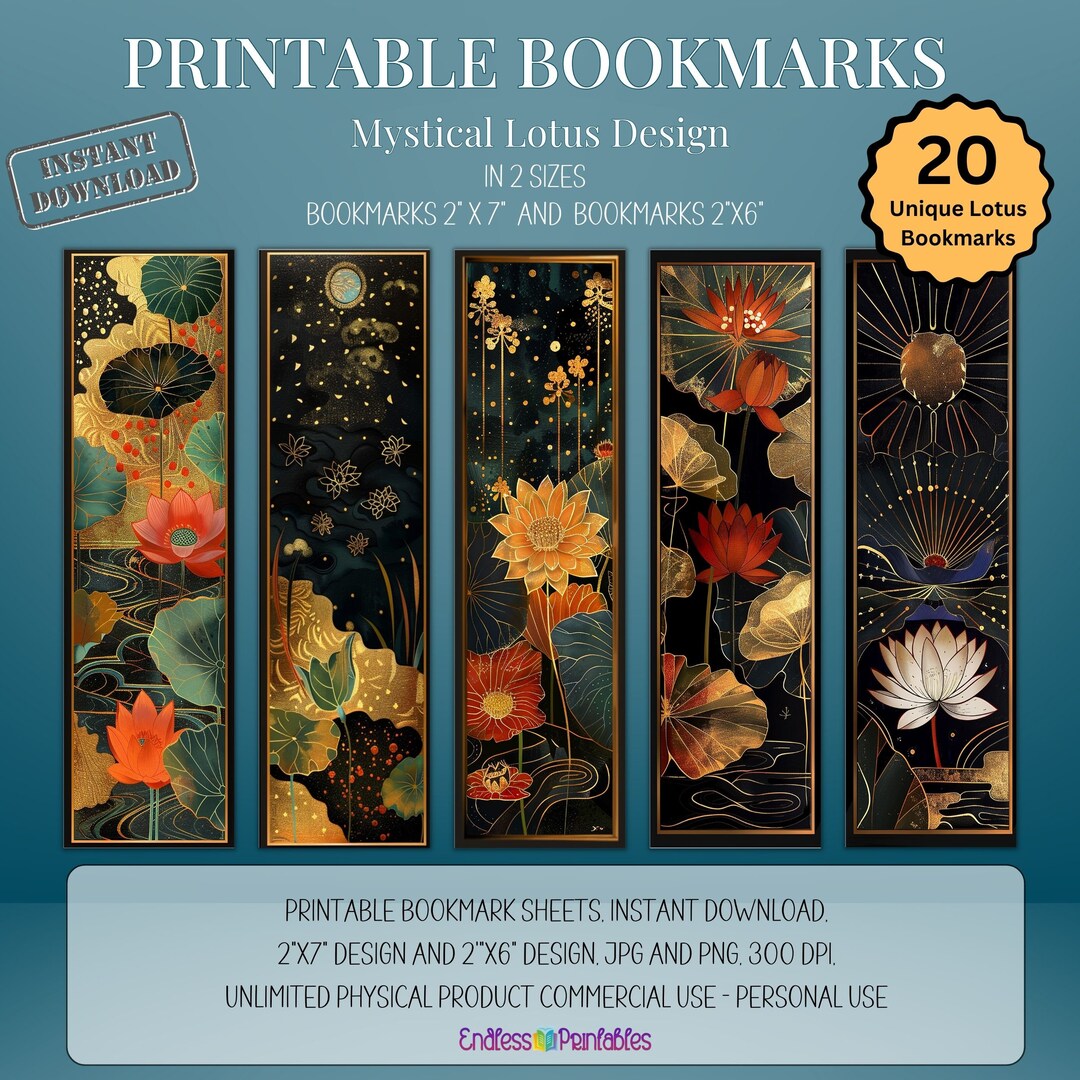 20 Lotus Flower Printable Bookmarks, PNG Bookmark Sublimation, Digital ...
