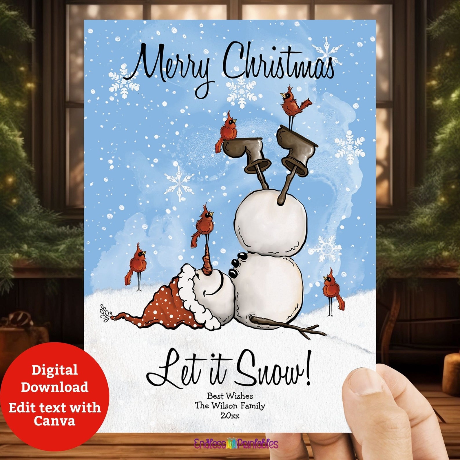 Let It Snow, Editable Fun Snowman Christmas Card, Customizable 3 Photo ...