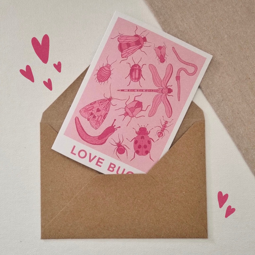 LOVE BUG Greeting Card // Pink and Red Insect Bug Cottagecore Funky ...