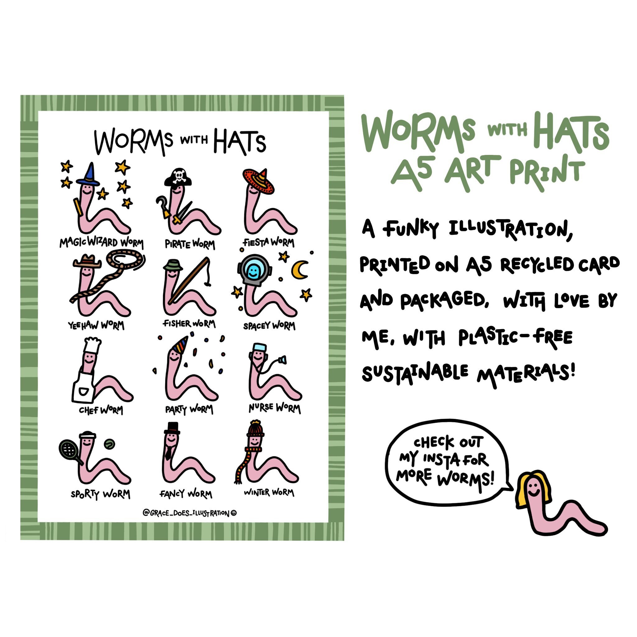 WORMS WITH HATS: A5 Art Print // Funky Digital Illustration of Worms ...