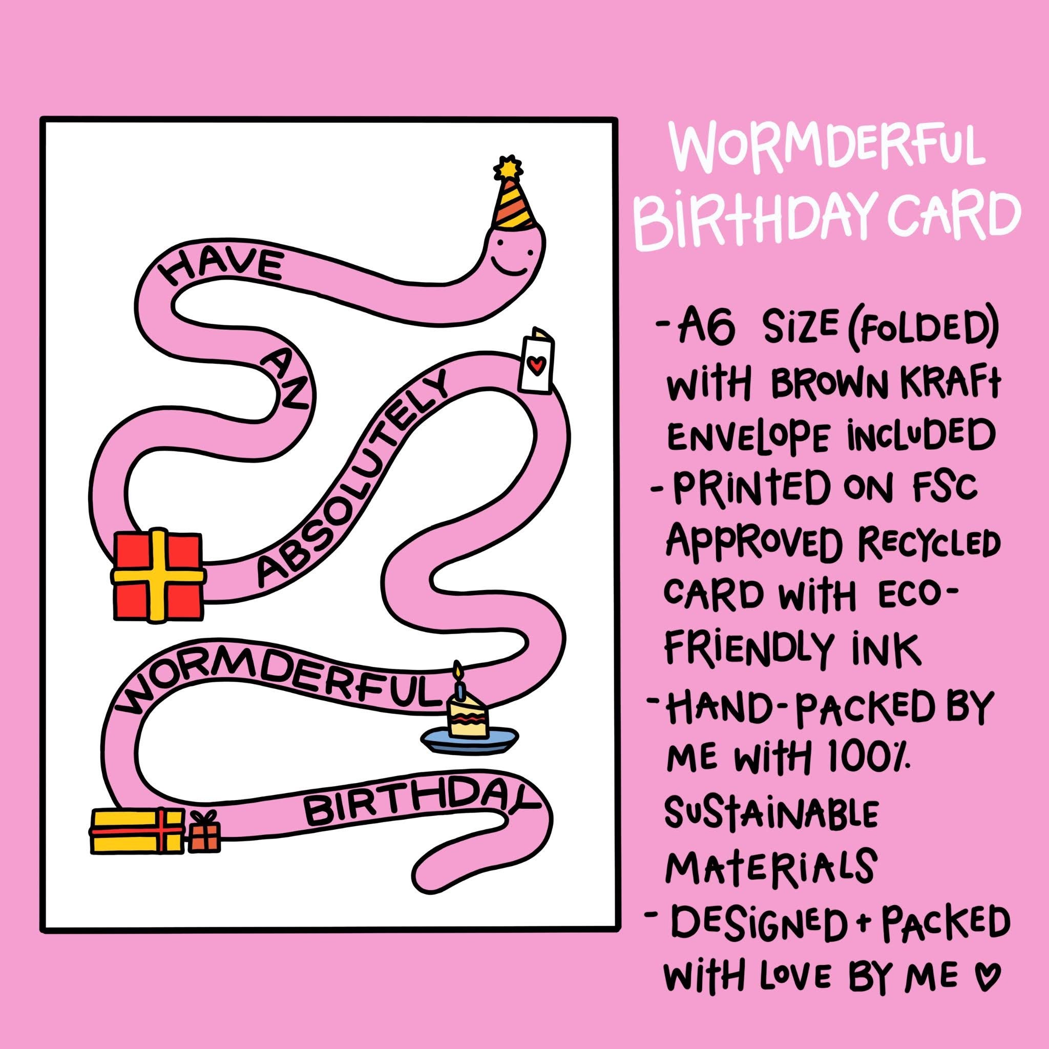 WORM BIRTHDAY CARD 'have an Absolutely Wormderful Birthday' Party Hat ...