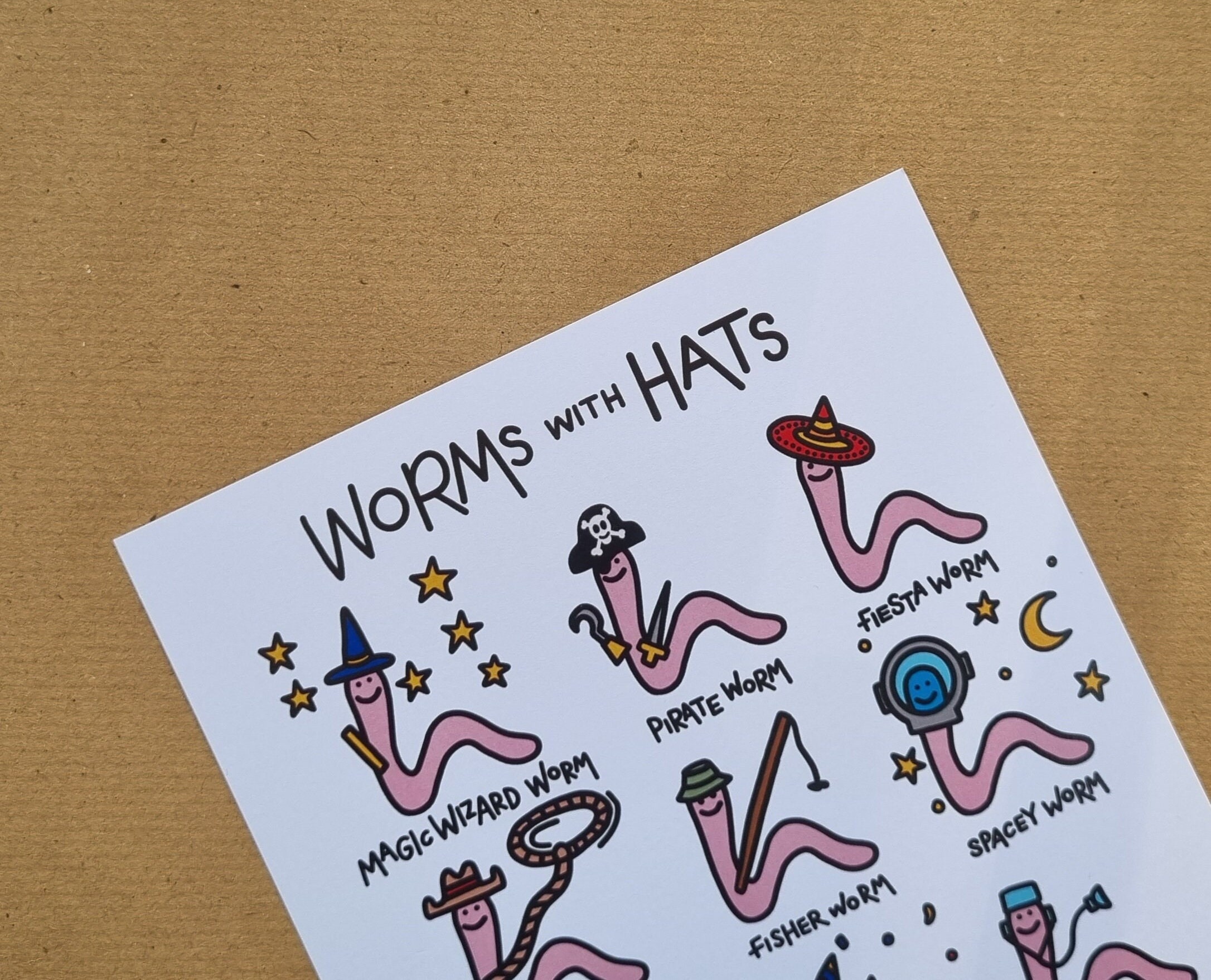 WORMS WITH HATS: A5 Art Print // Funky Digital Illustration of Worms ...