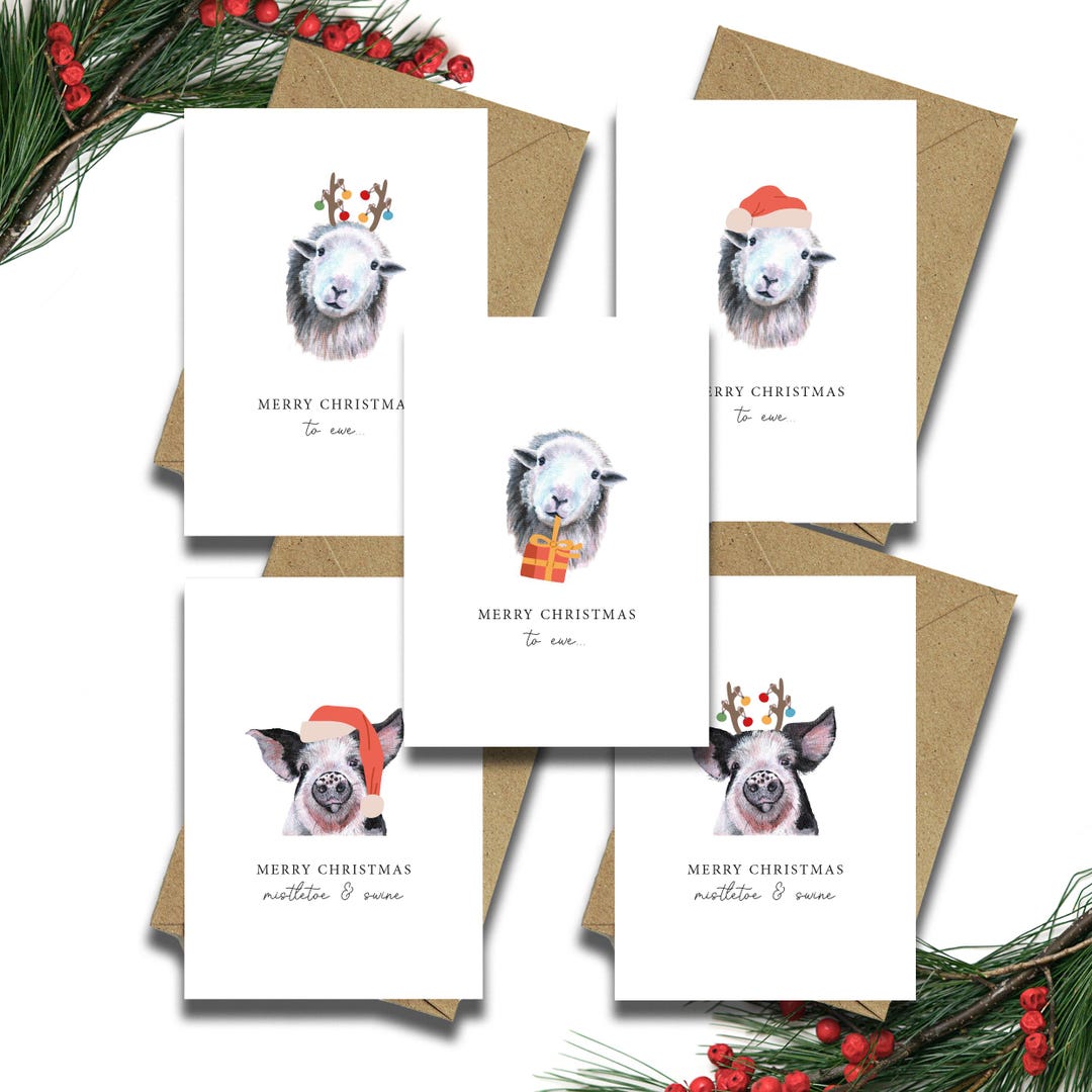 Pack of 5 X Farm Animal Christmas Cards, Xmas Holidays Farm Animal ...
