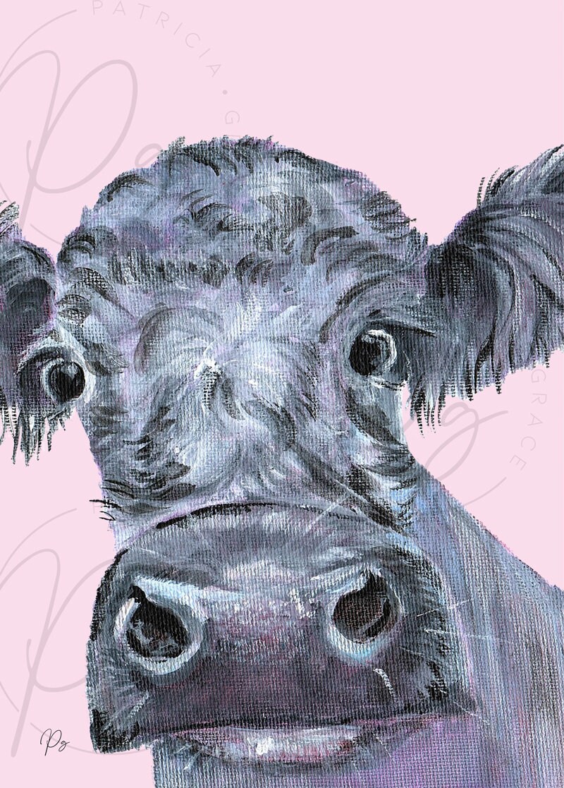 A4 Cow Print, Blue Cow, Acrylic Painting Art Print, Wall Art, Pink ...