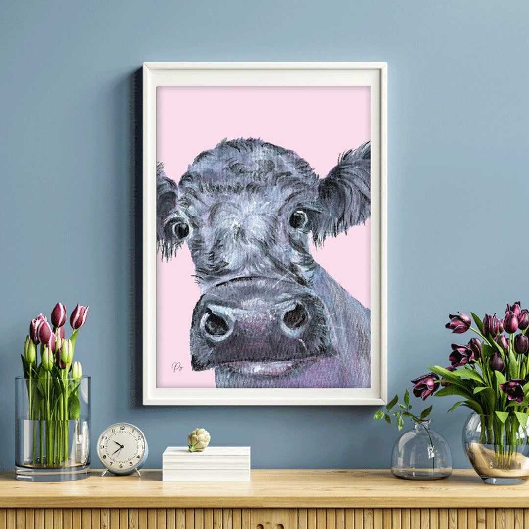 A4 Cow Print, Blue Cow, Acrylic Painting Art Print, Wall Art, Pink ...