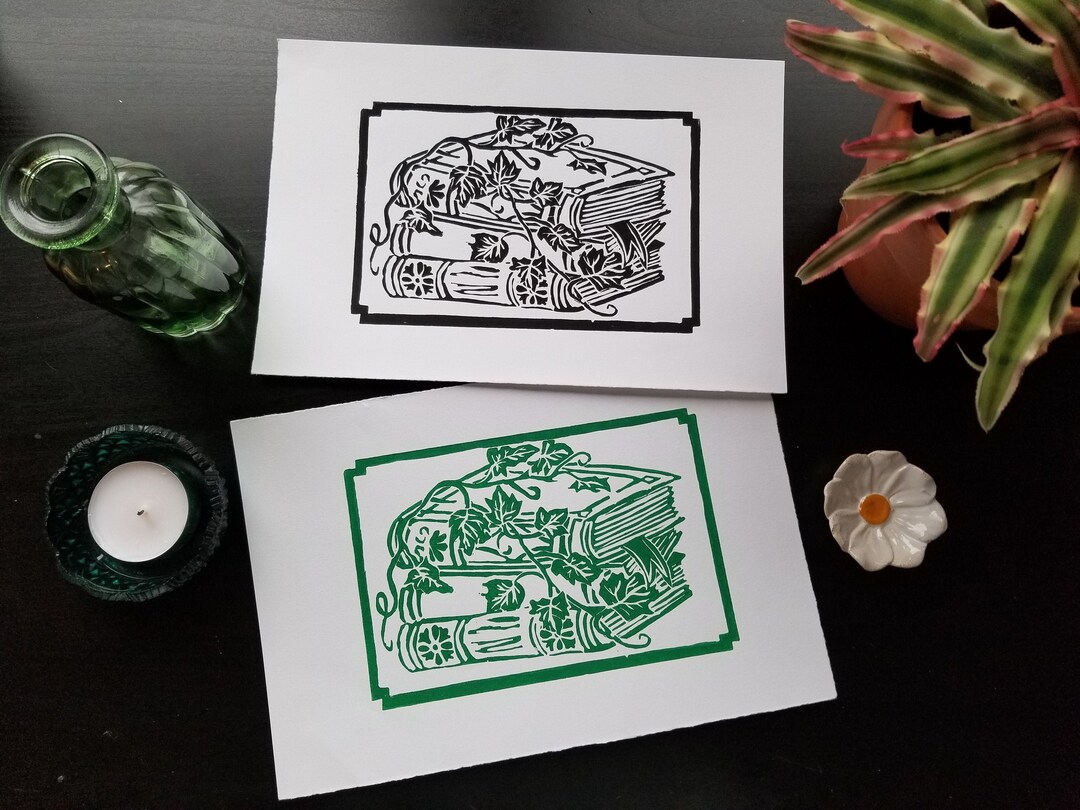 Book Themed Print ~ Stacked ~ Original Art ~ Linocut Print ~ Hand ...