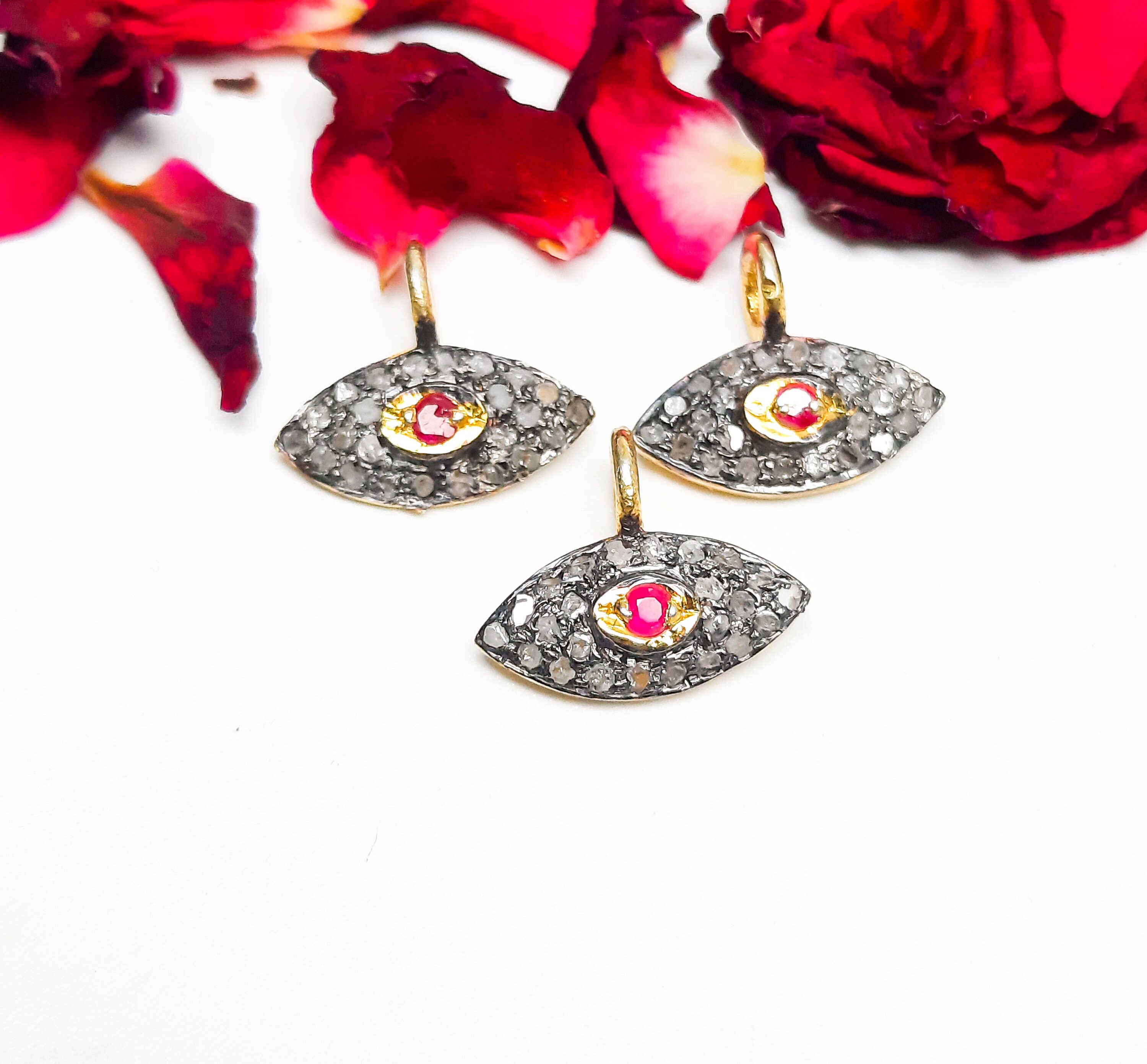 1 Pc Pave Diamond Evil Eye With Ruby Charm 925 Sterling - Etsy UK