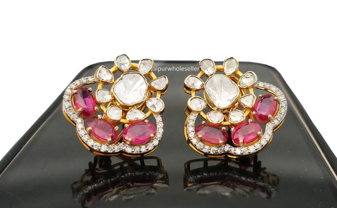 Handmade Design Uncut Polki Diamond Tops Earring 925 Sterling Silver ...