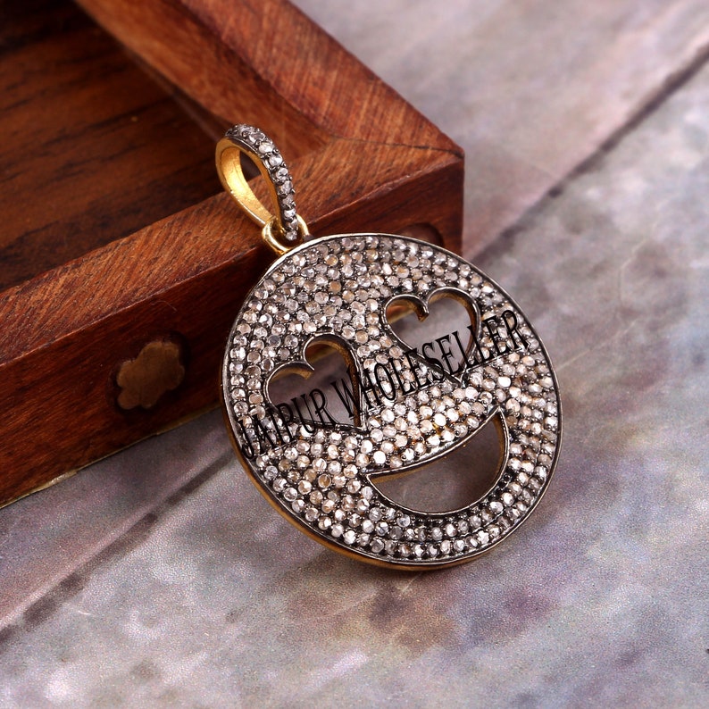 Diamond Emoji Pendant: Rose Cut Sterling Silver Happy Face Charm - Etsy