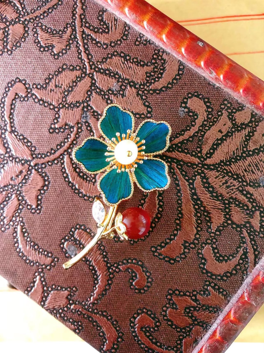 Peacock Feather Flower Brooch: Traditional Kingfisher Craft Jewelry - Etsy