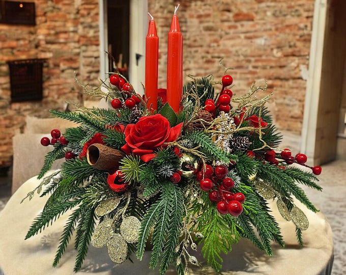 Elegant Red and Gold Floral Christmas Centerpiece With Candles, Festive ...