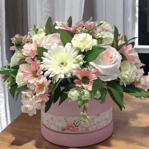 Pink Cream Flower Arrangement in Hat Box: Elegant Home Decor - Etsy