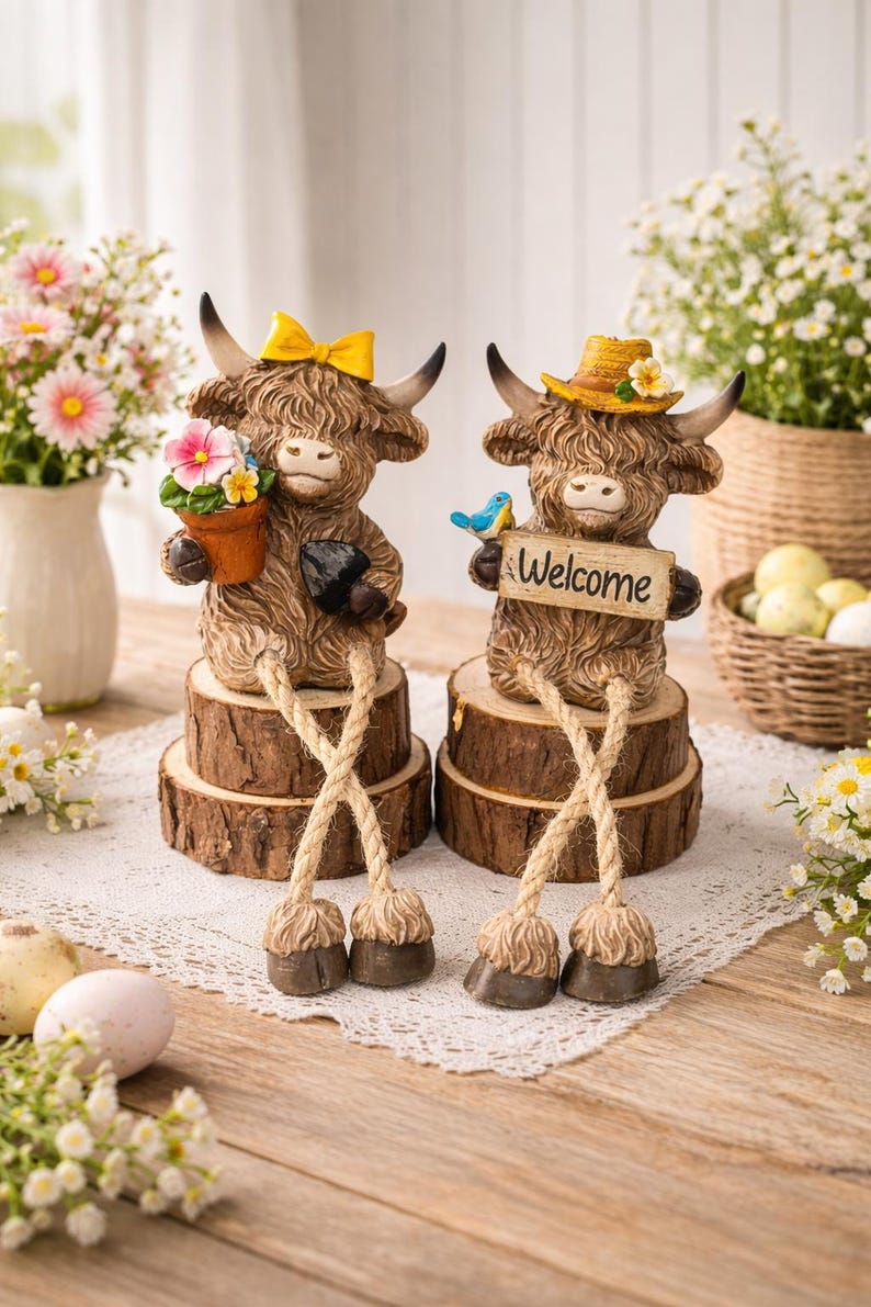 Highland Cow Spring Figurines, Farmhouse Shelf Sitter Decor - Etsy