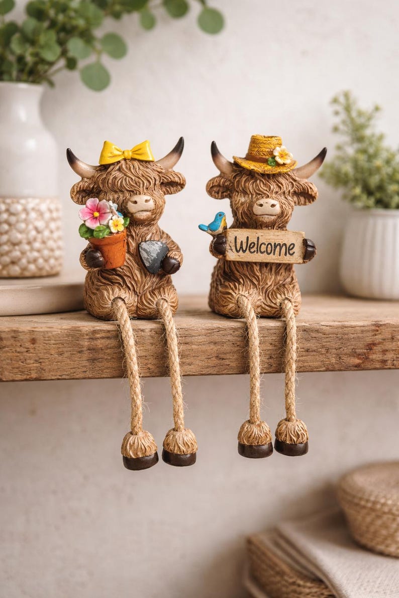 Highland Cow Spring Figurines, Farmhouse Shelf Sitter Decor - Etsy