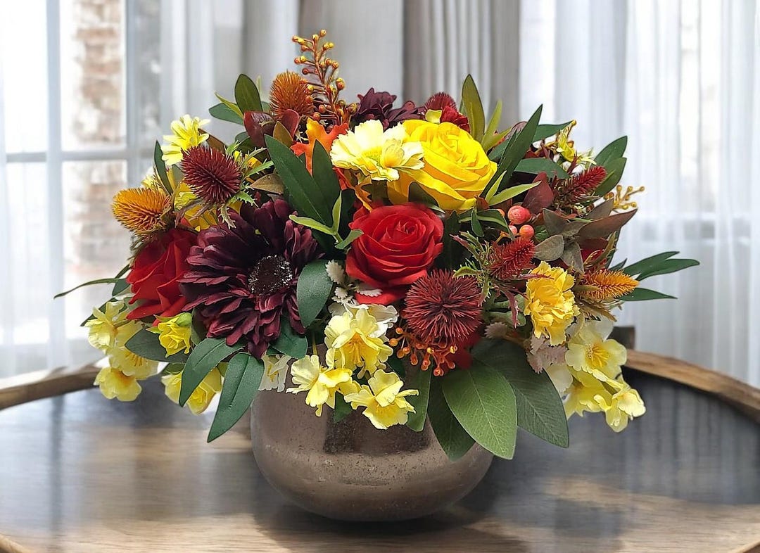 Fall Floral Centerpiece: Rustic Autumn Flower Arrangement in Bronze ...