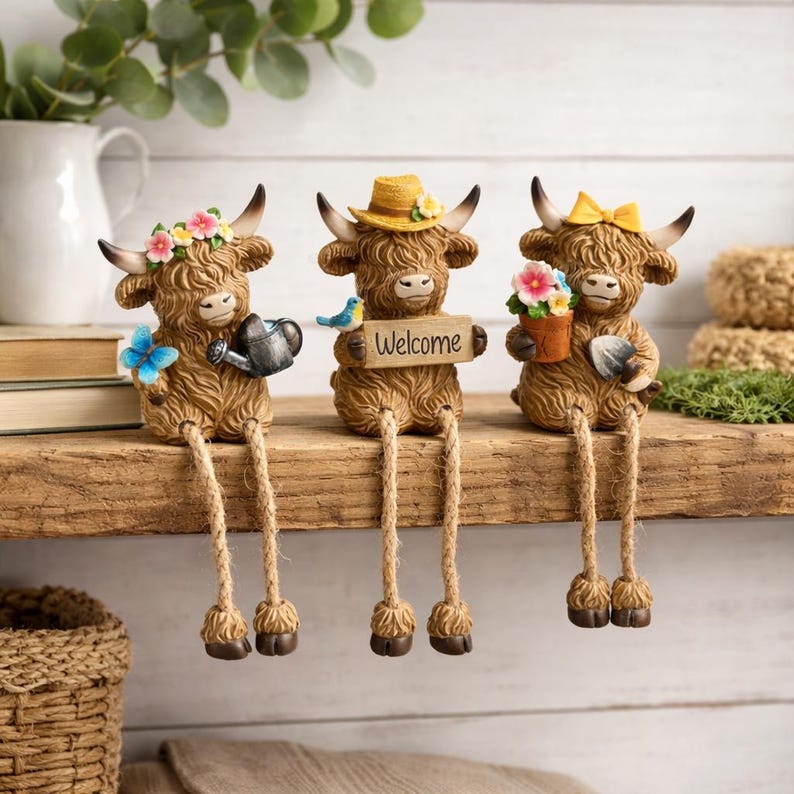 Highland Cow Spring Figurines, Farmhouse Shelf Sitter Decor - Etsy