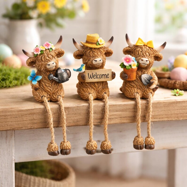 Highland Cow Spring Figurines, Farmhouse Shelf Sitter Decor - Etsy