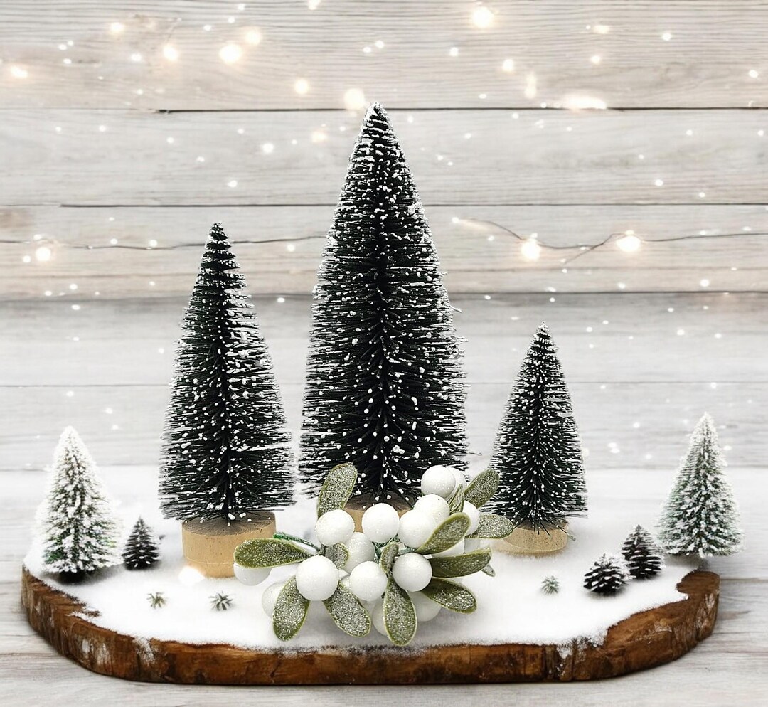 Snowy Dark Green Mini Christmas Trees, Winter Wonderland Bottle Brush ...