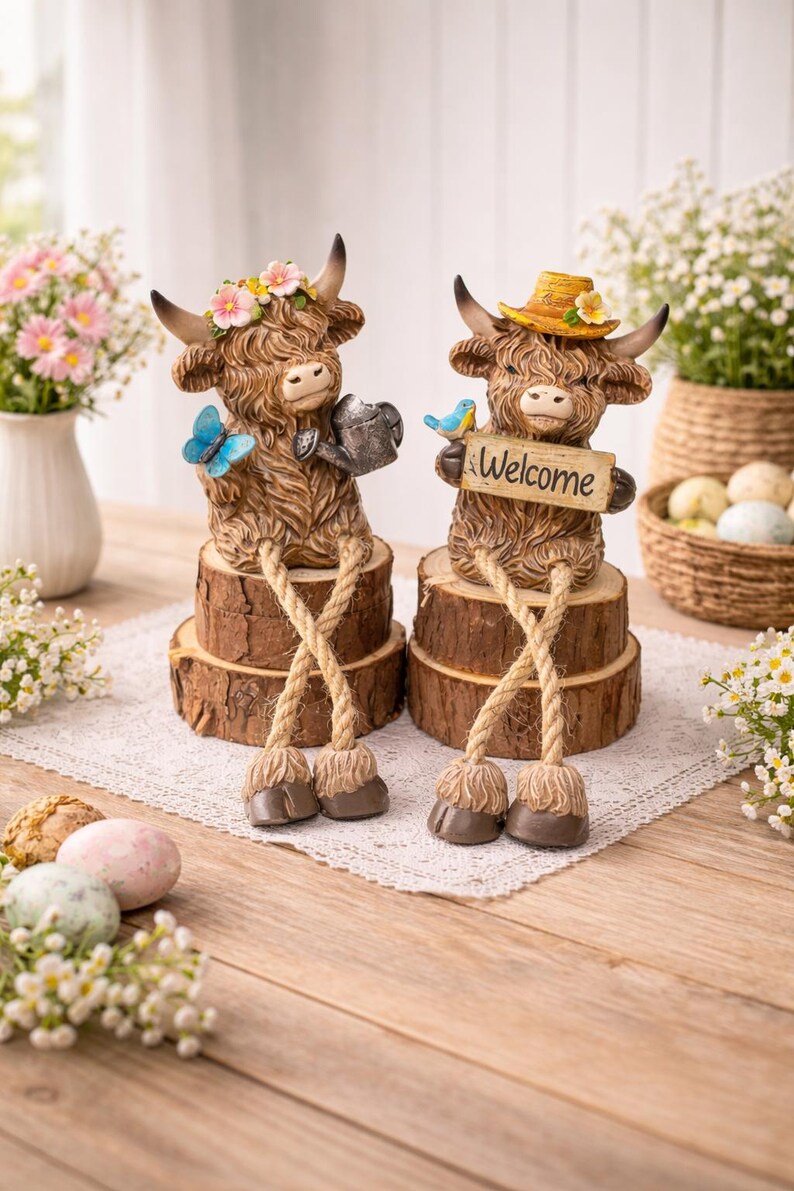 Highland Cow Spring Figurines, Farmhouse Shelf Sitter Decor - Etsy