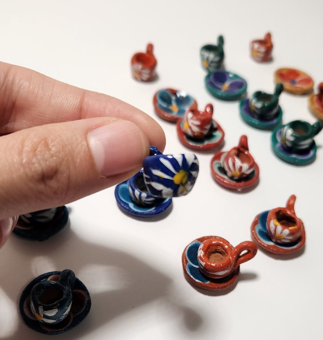 Miniature Hispanic Cups & Plates, Dollhouse Teacup and Plate Set, Tiny ...