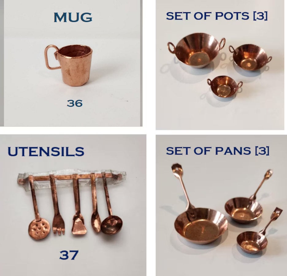Miniature Copper Cookware, 100% Authentic Copper, 1:12 Scale, Dollhouse ...