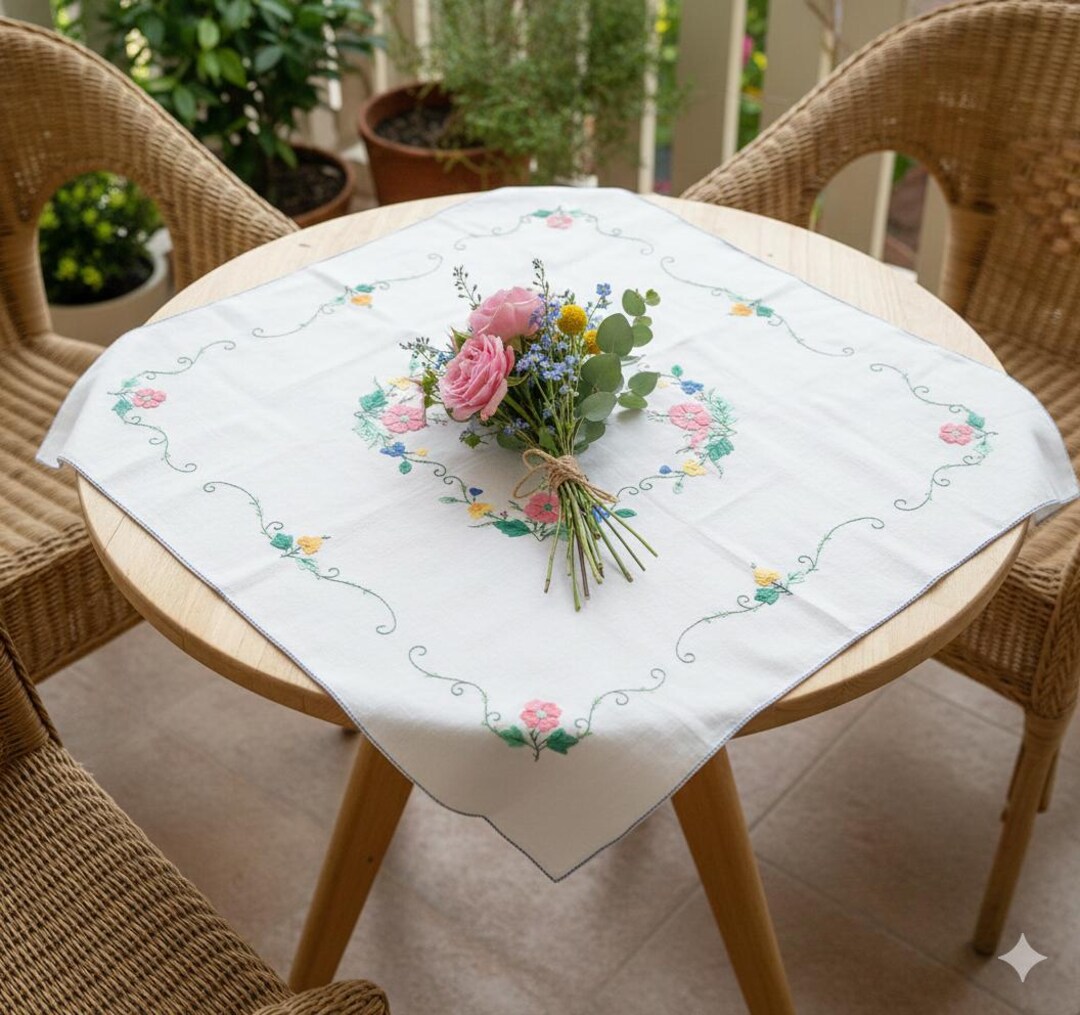 Vintage Square White Tablecloth Sunflowers 33 X 34 Inches/ 84 X 86 Cm ...