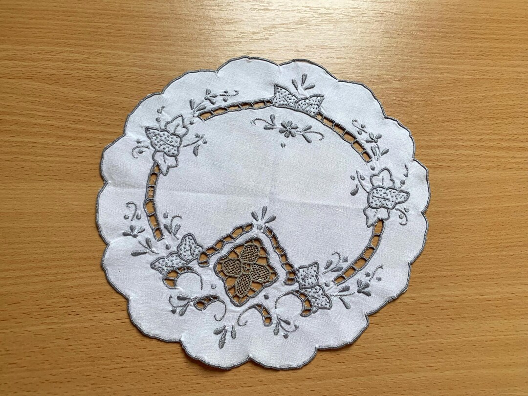 Vintage Gray Cotton Doily 9", Machine Embroidery Cutwork, Bedside Table ...