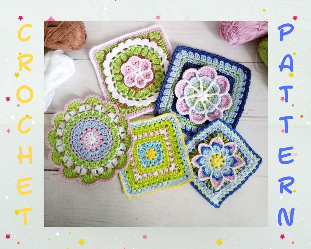 5 Pcs Crochet Granny Square Pattern, Coasters Blooming Sakura Garden ...
