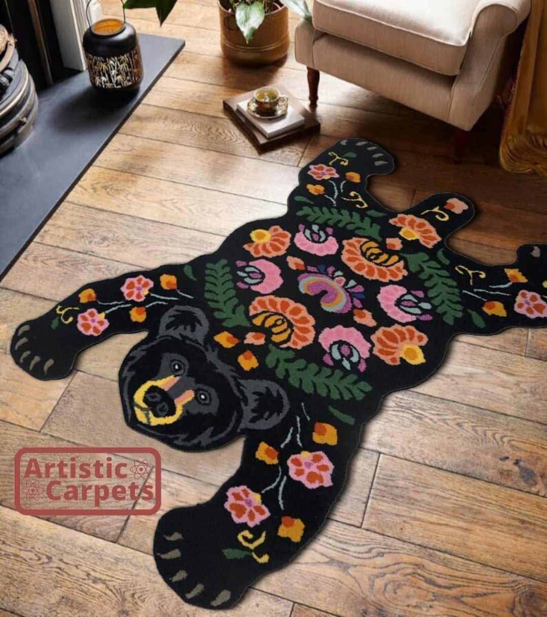 Hand Tufted Bear Shaped Rug / Flower Rug Bedroom / Floral Rug / Cute ...