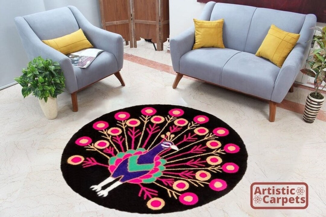 Round Rug / Circle Rug / Bird Rug / Peacock Rug / Folk Rug / Beautiful ...