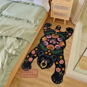 Hand Tufted Bear Shaped Rug / Flower Rug Bedroom / Floral Rug / Cute ...