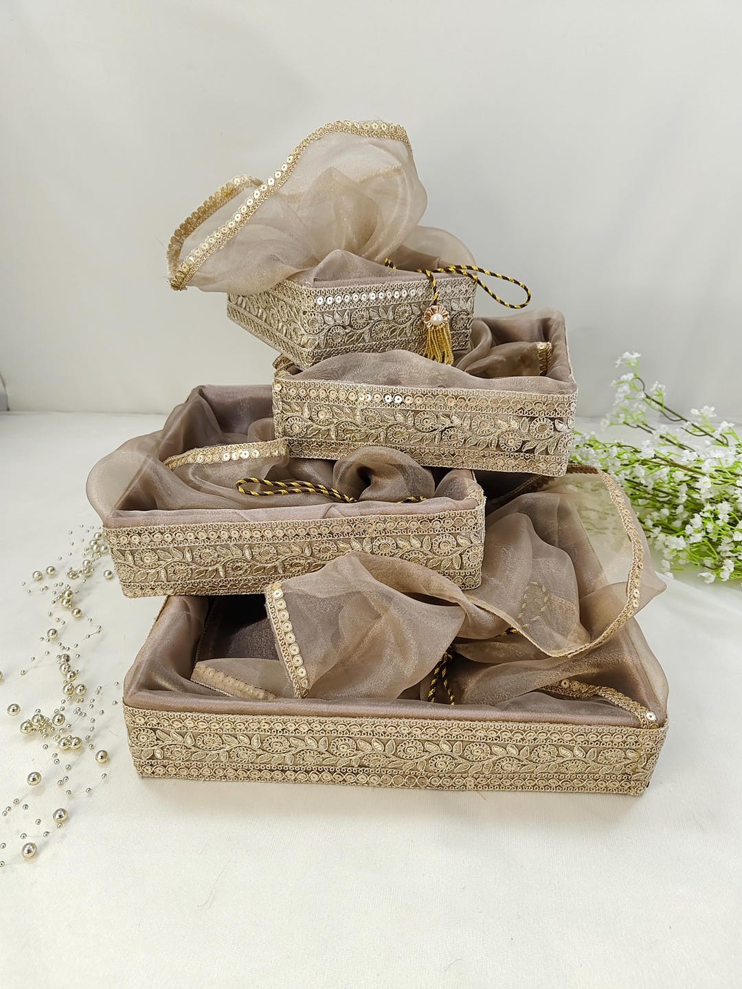 Valentine Gift Hamper Tray - Set of 4, Rectangular Wooden Base, Brown ...