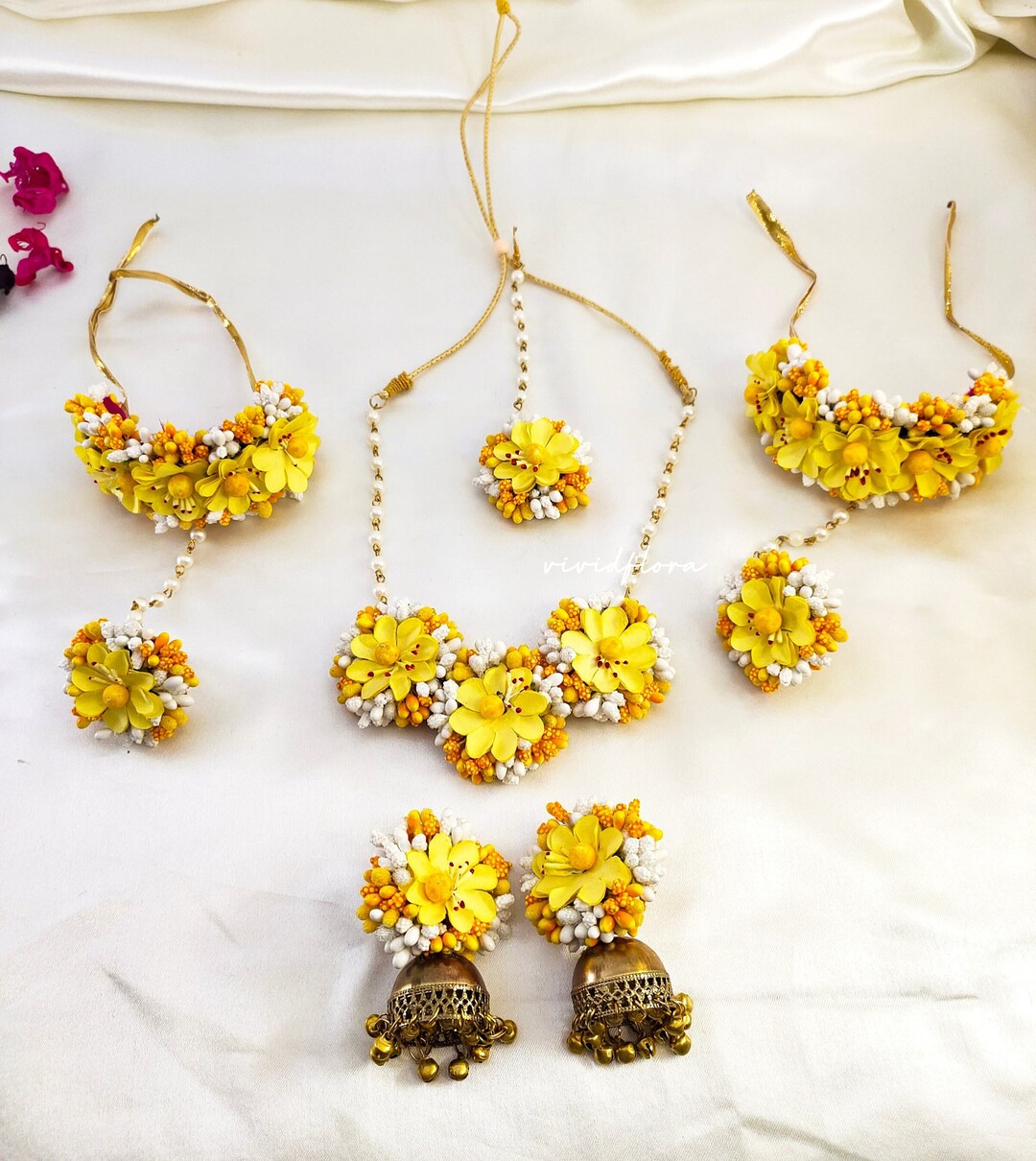 Floral Haldi Function Bridal Necklace With Jhumka Set and Handcuff ...
