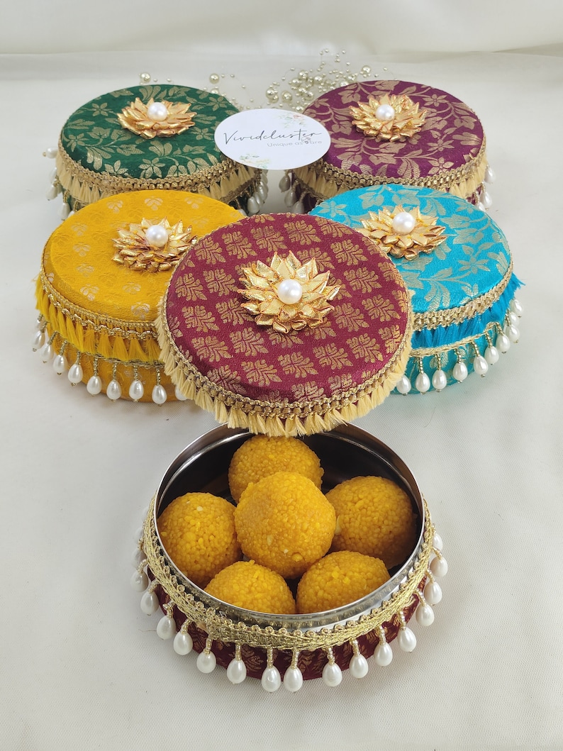 Steel Mithai Box, Round Brocade Sweet Gifting Container, Festive Indian ...