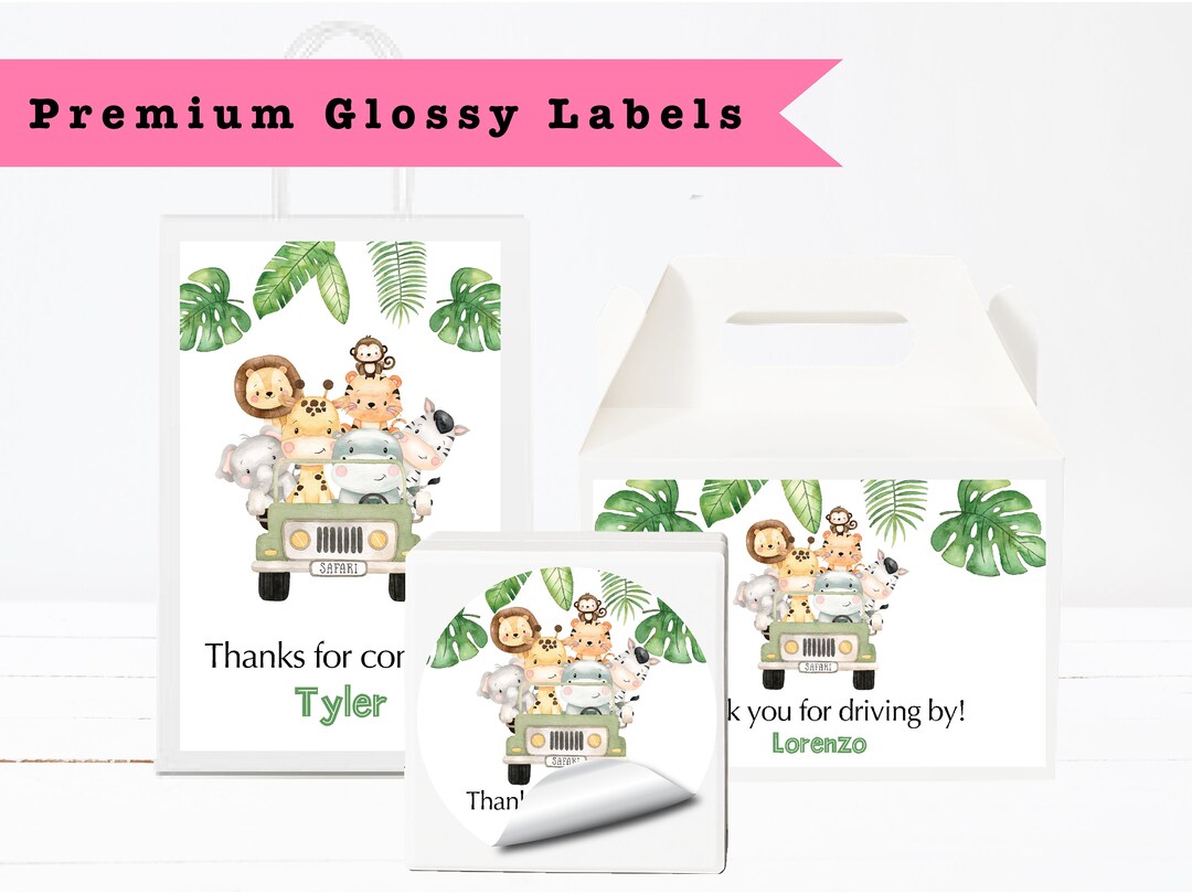 Wild Safari Animals Jeep in Jungle PRINTED GLOSSY LABELS for Party ...