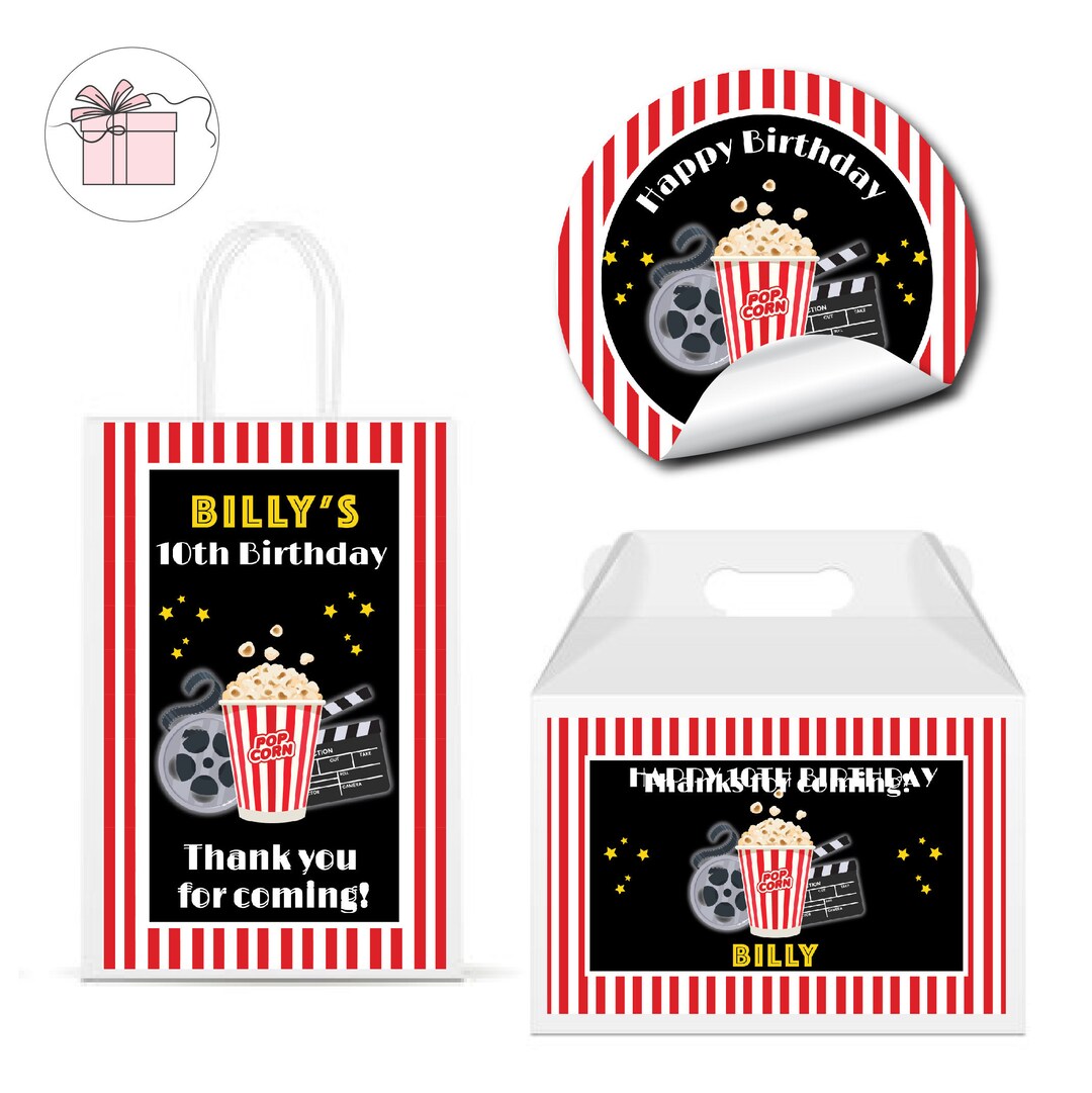 Movie Theatre Cinema Film Popcorn Movie Night PRINTED GLOSSY LABELS for ...