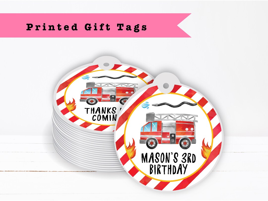 Firetruck Fire Truck Sound the Alarm Watercolor PRINTED GIFT TAGS Thank ...