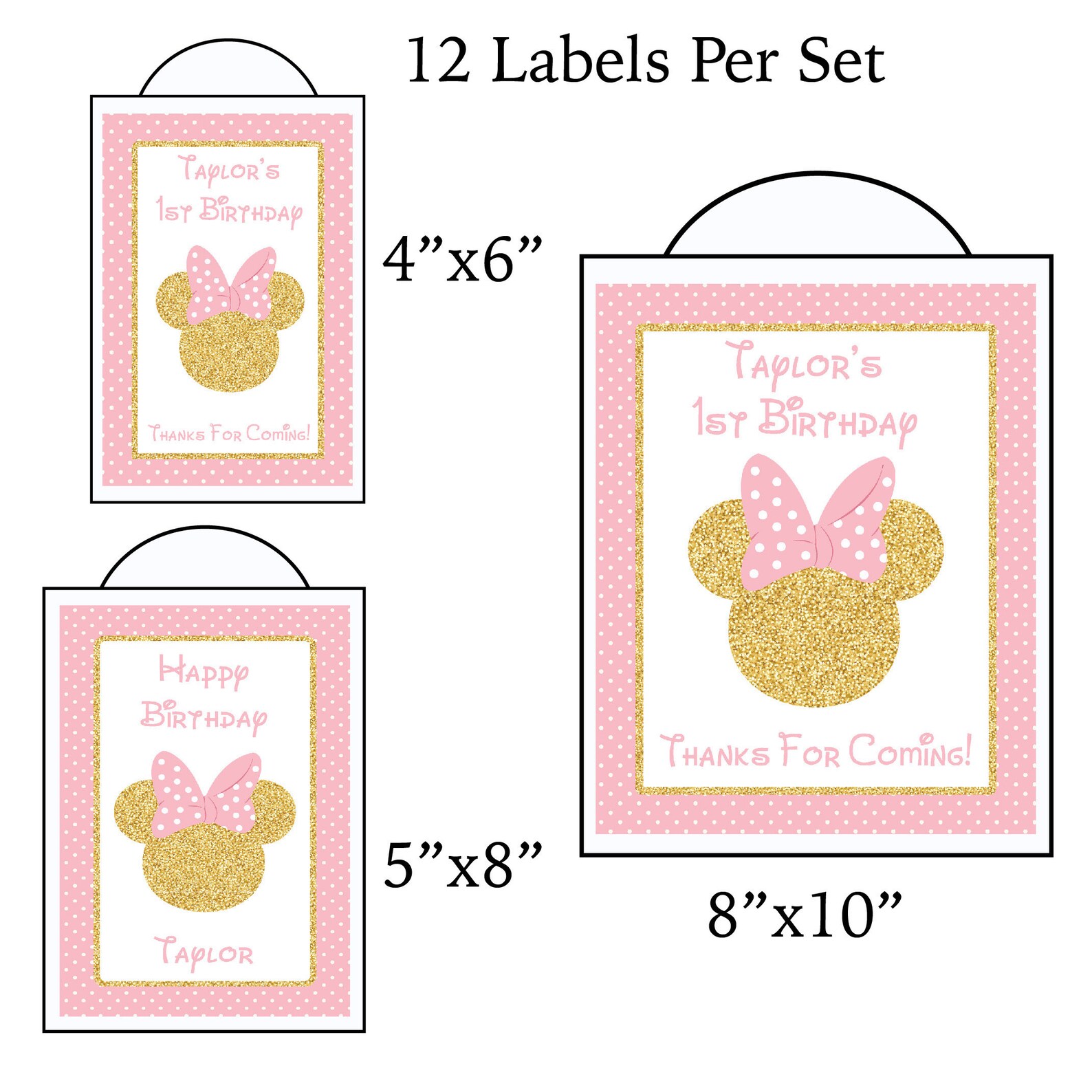 Mouse Head Minnie Inspired Pink & Gold PRINTED GLOSSY LABELS - Etsy