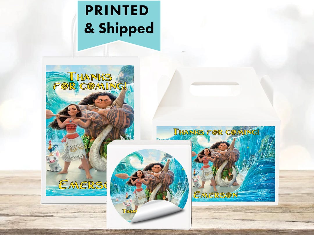 Moana - PRINTED GLOSSY LABELS - for Party Favor Bags, Gable Boxes, Gift ...