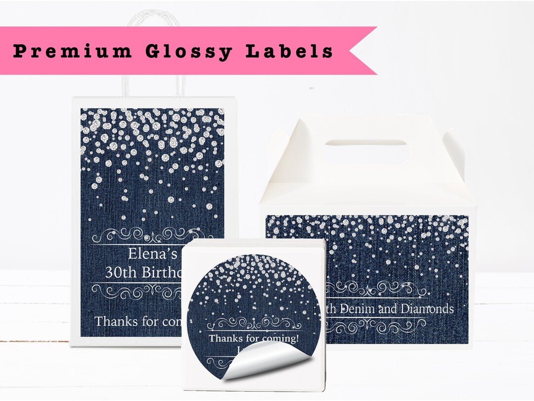 Denim & Diamonds Any Age or Occasion PRINTED GLOSSY LABELS for Party ...