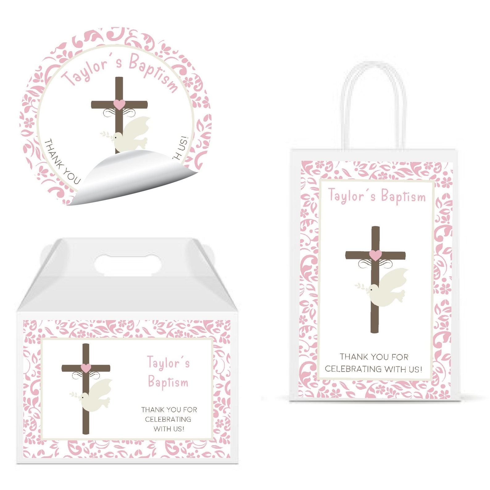 Cross & Dove | Pink Damask 1st Communion Baptism - PRINTED GLOSSY ...