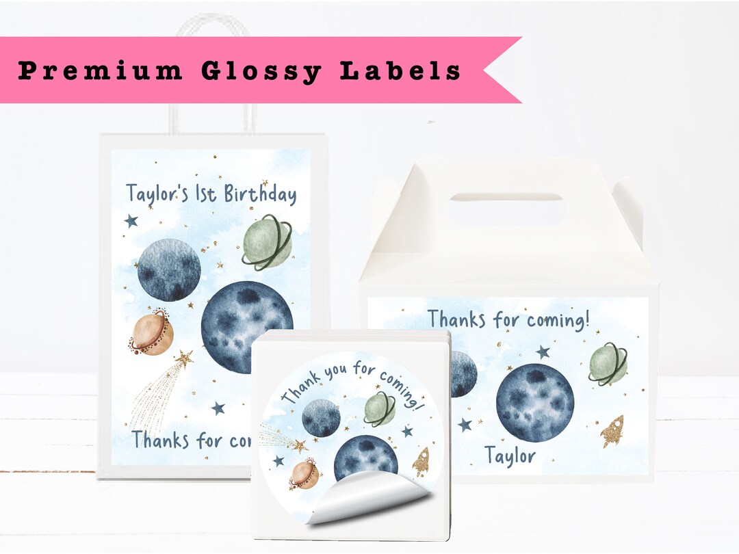 Outer Space Planets Rocket Ship Stars Gold Glitter PRINTED GLOSSY ...