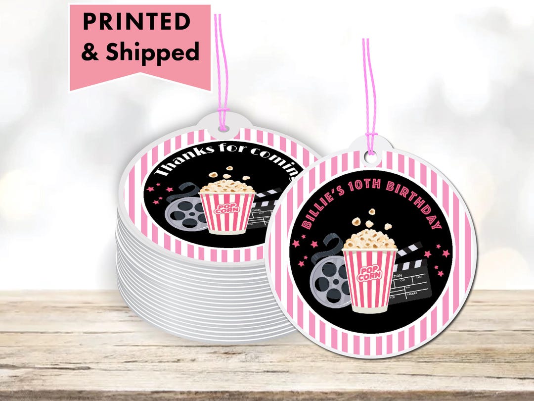 Movie Night Popcorn Film Strip Cinema Premier Pink - PRINTED GIFT TAGS ...