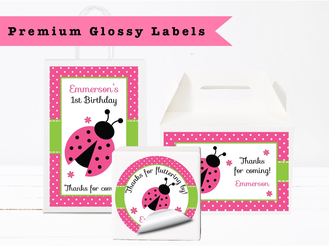 Pink Ladybug - PRINTED GLOSSY LABELS - for Party Favor Gift Bags, Gable ...