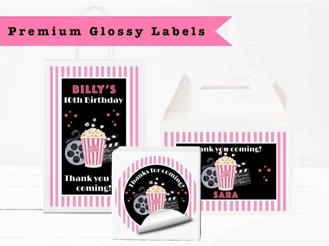 Movie Theatre Cinema Film Popcorn Movie Night PRINTED GLOSSY LABELS for ...