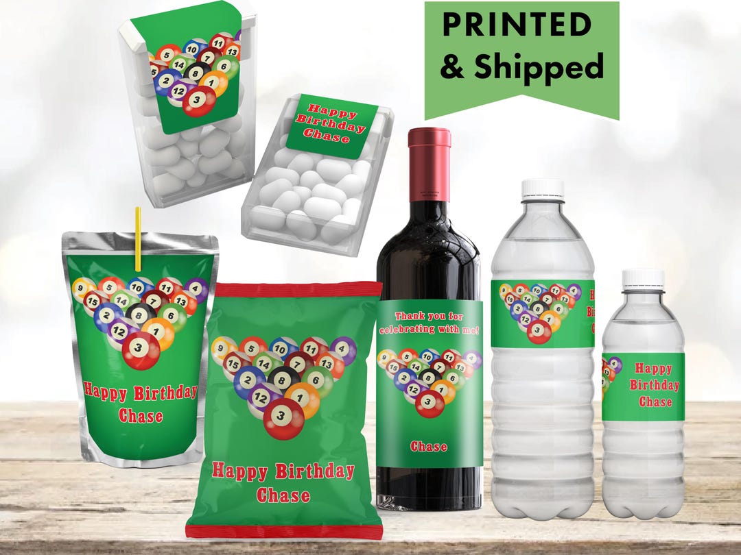 Green Pool Table Billiards Snooker Balls Chip Bag, Water Bottle, Juice ...