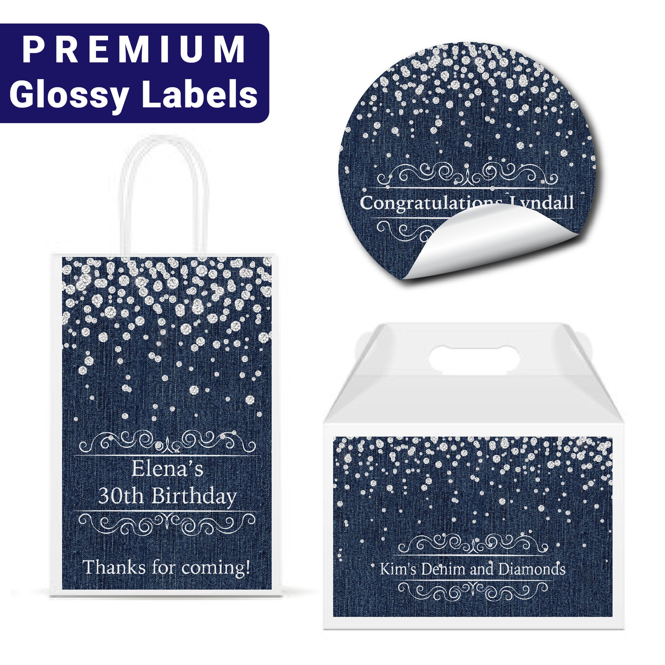 Denim & Diamonds Any Age or Occasion PRINTED GLOSSY LABELS - Etsy